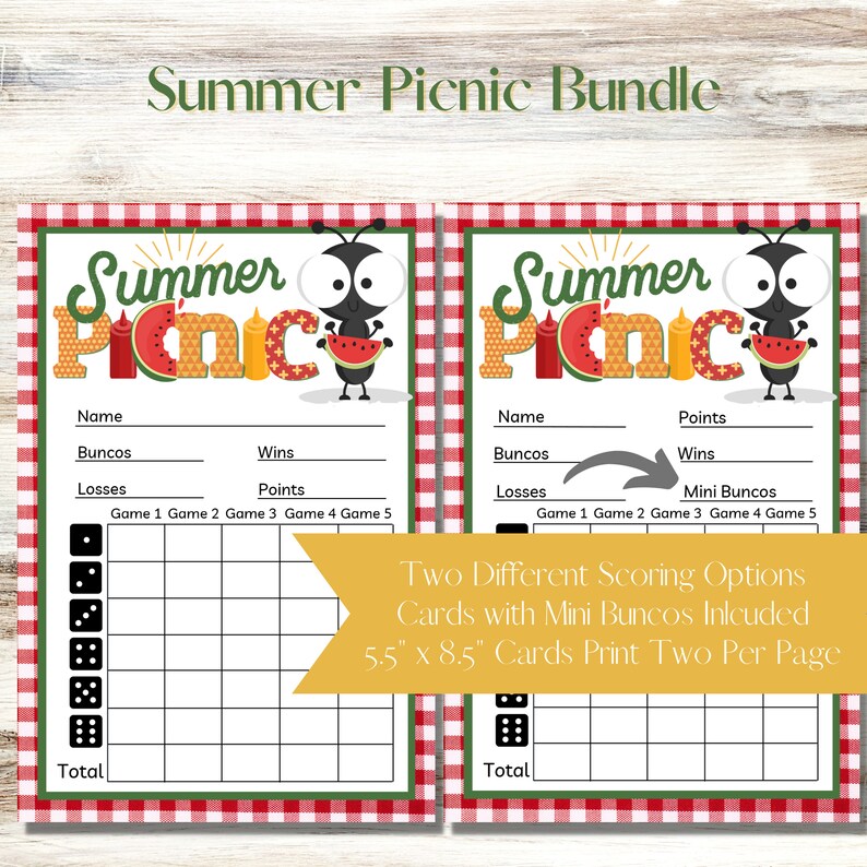 Summer Picnic With Ant Eating Watermelon Printable Bunco Score Sheet ...