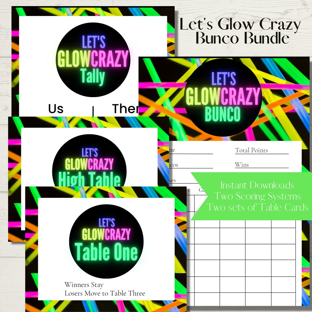 Let's Glow Crazy Bunco Glow Party Printable Bunco Score Sheet Bundle ...
