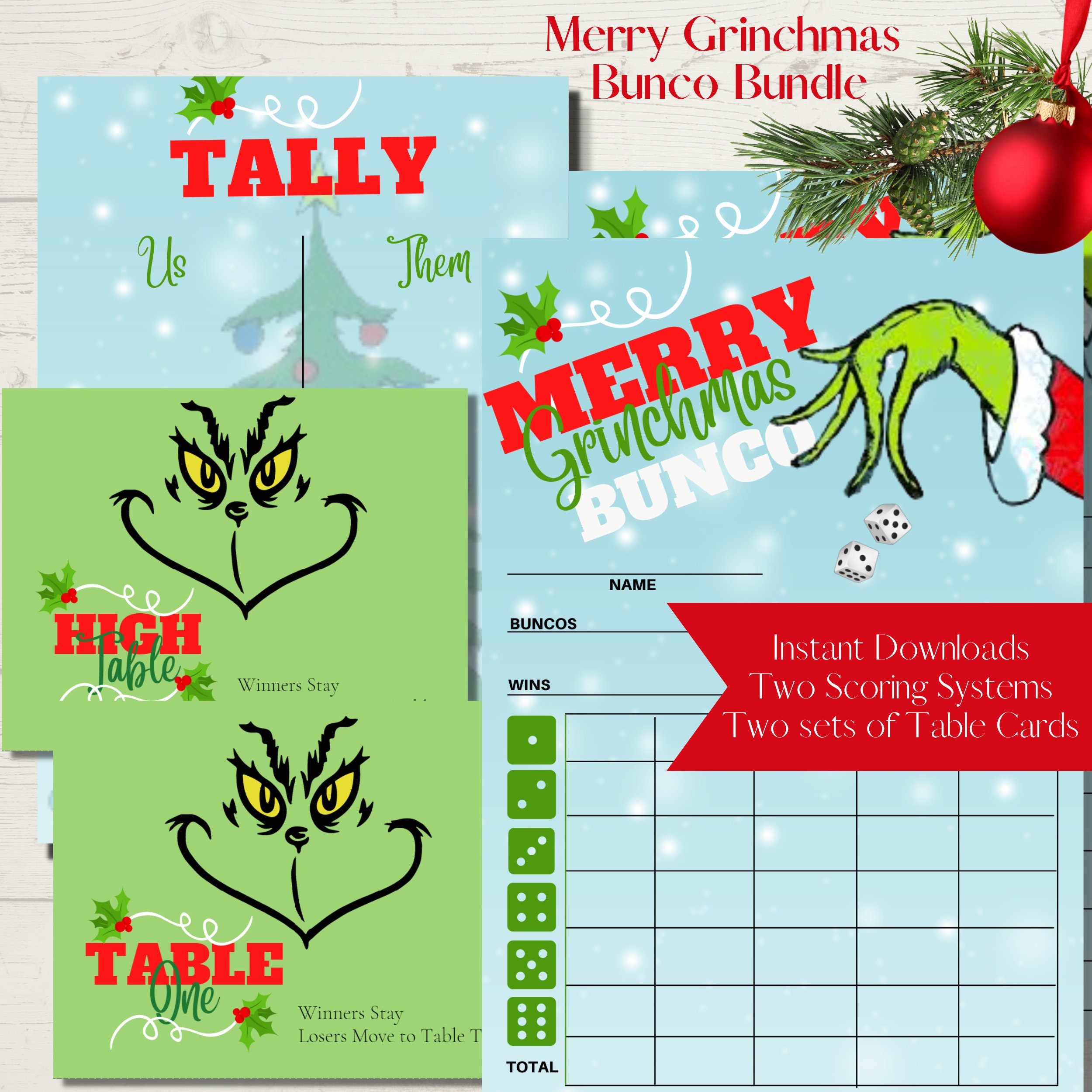 Merry Grinchmas Printable Bunco Score Sheet Bundle - Score Cards, Tally ...