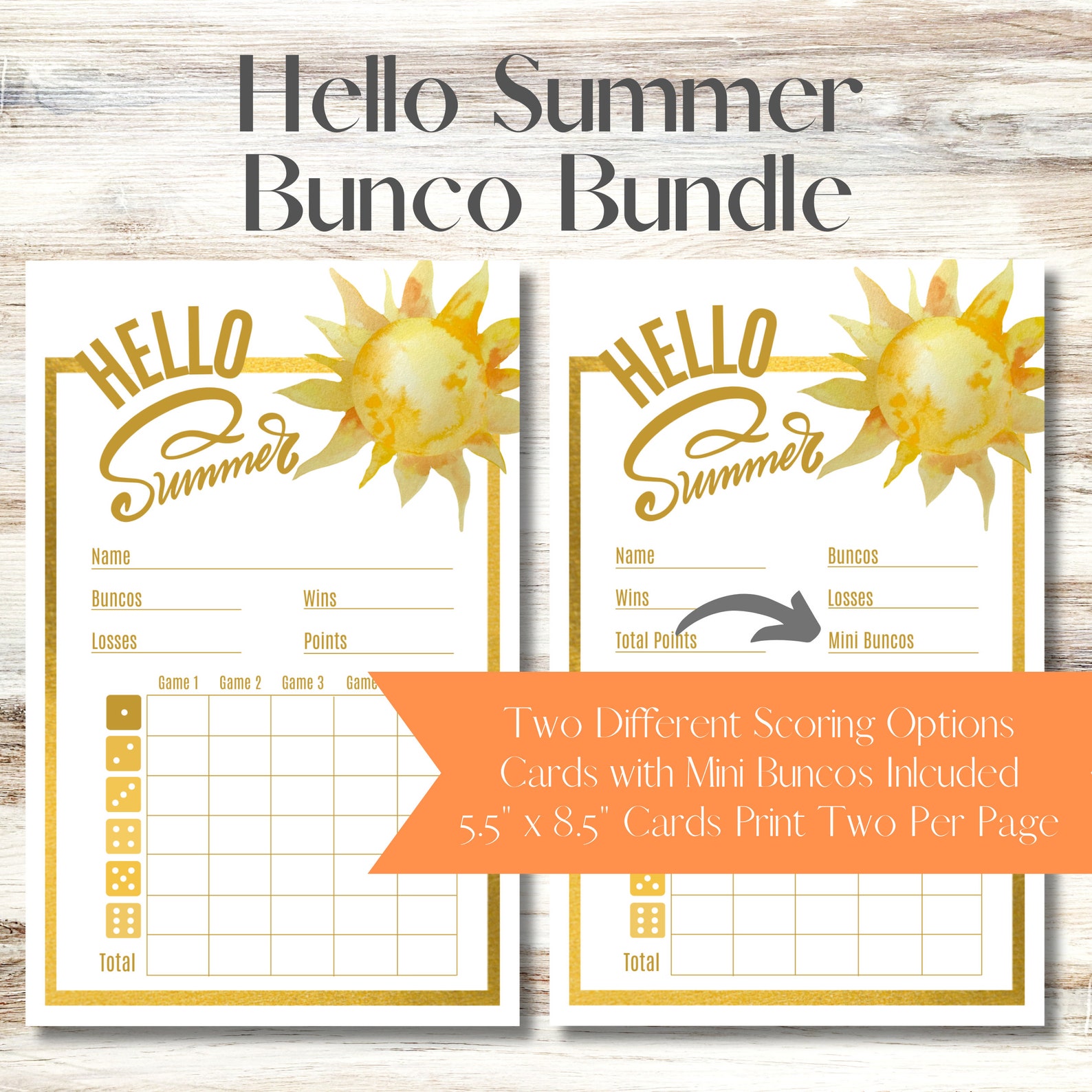 Hello Summer Golden Sun Printable Bunco Score Sheet Bundle - Score ...