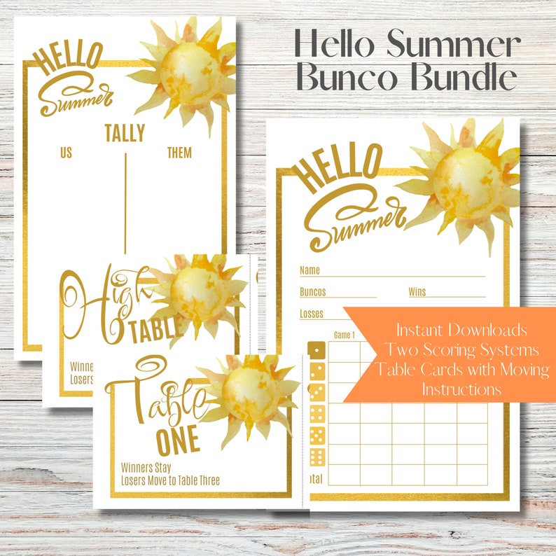 Hello Summer Golden Sun Printable Bunco Score Sheet Bundle - Score ...