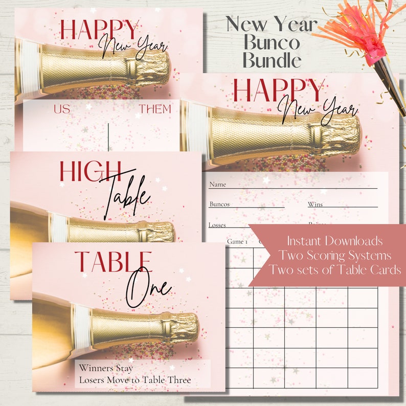 Happy New Year Pink Champagne Printable Bunco Score Sheet Bundle ...