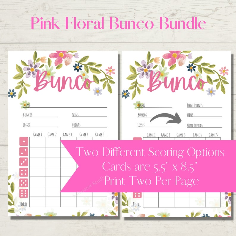 Pink Floral Printable Bunco Score Sheet Bundle - Score Cards, Tally ...