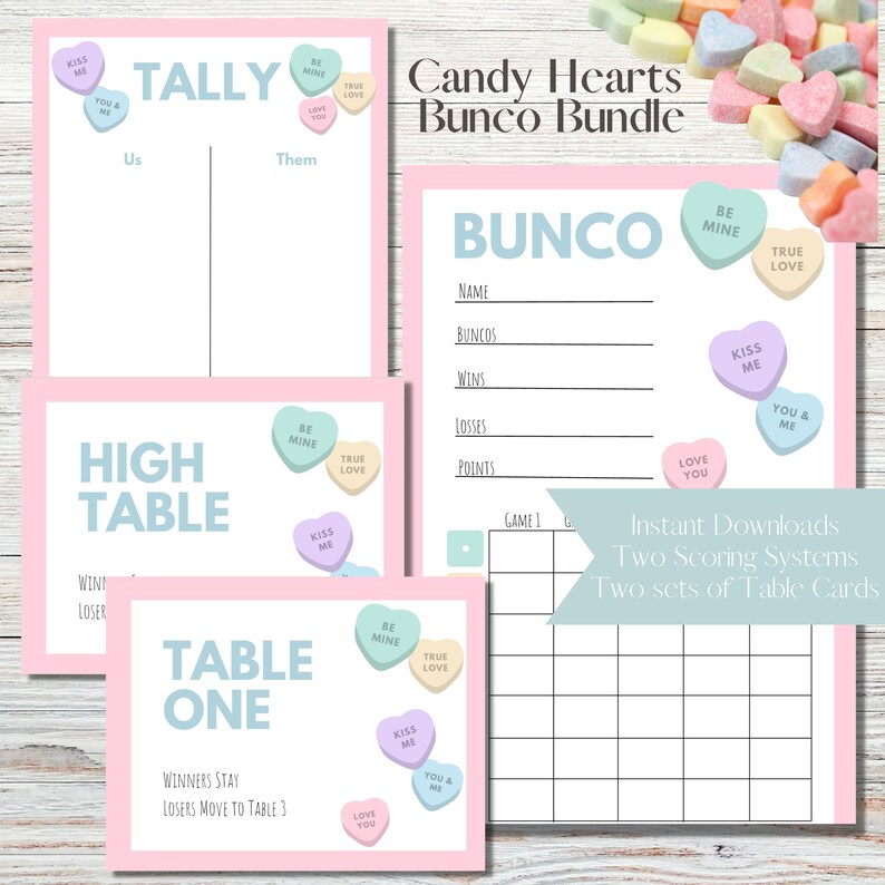 Candy Hearts Bunco Score Sheet Bundle: Valentine Galentine Party ...