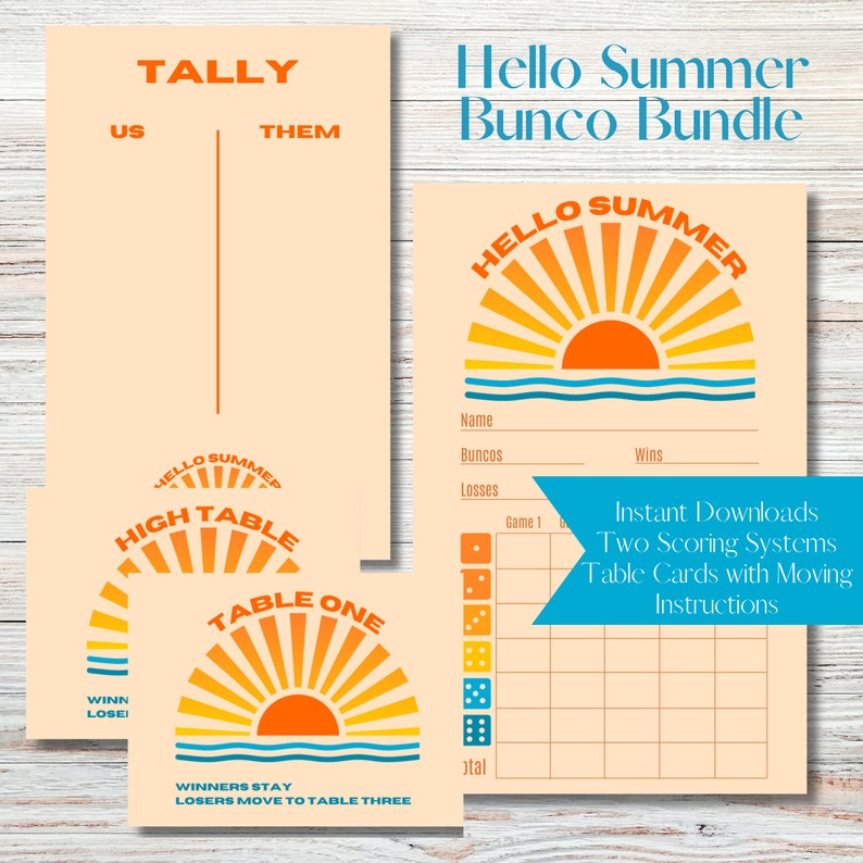 Summer Sunrise Bunco Score Sheet Bundle: Beach Party Game (digital ...