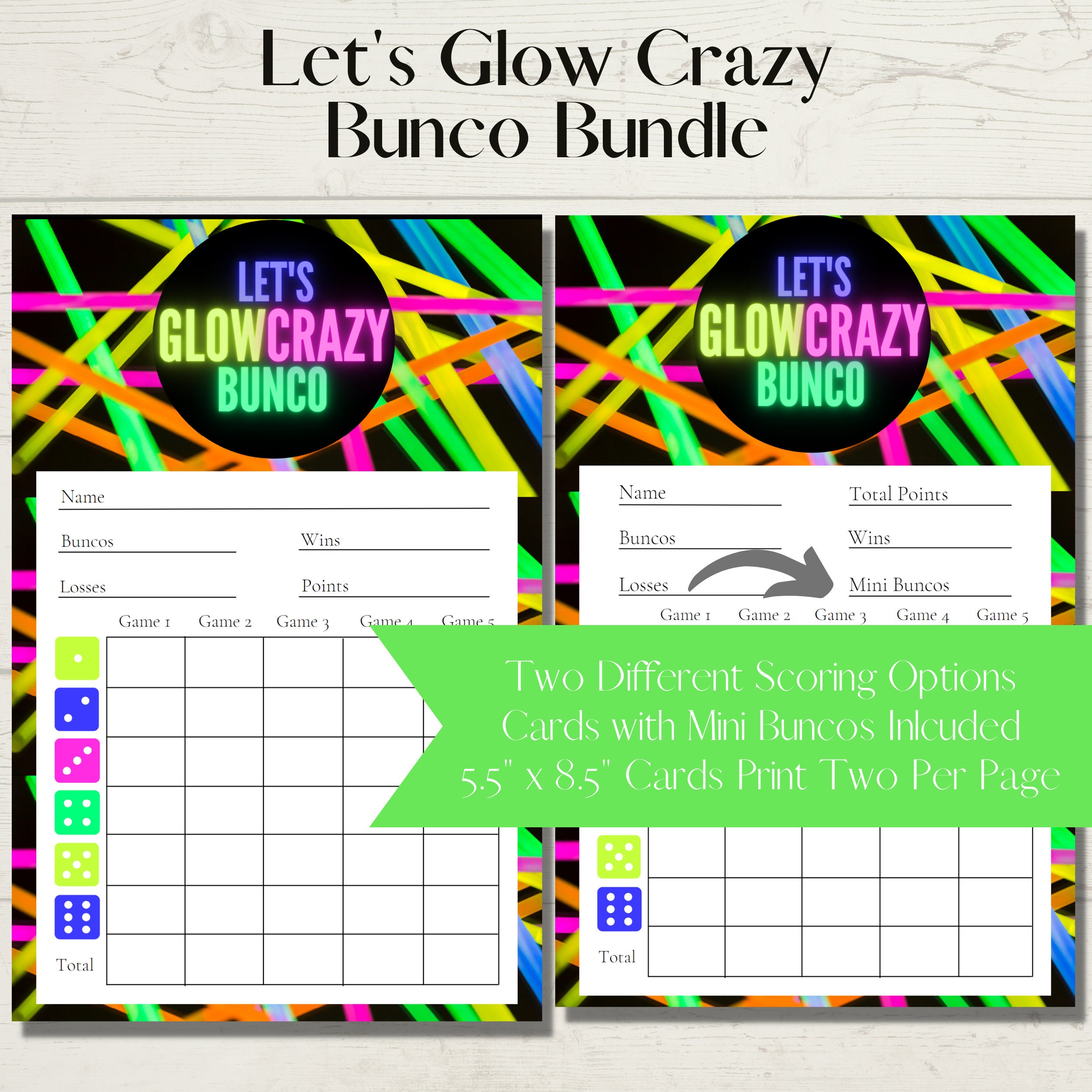 Let's Glow Crazy Bunco Glow Party Printable Bunco Score Sheet Bundle ...
