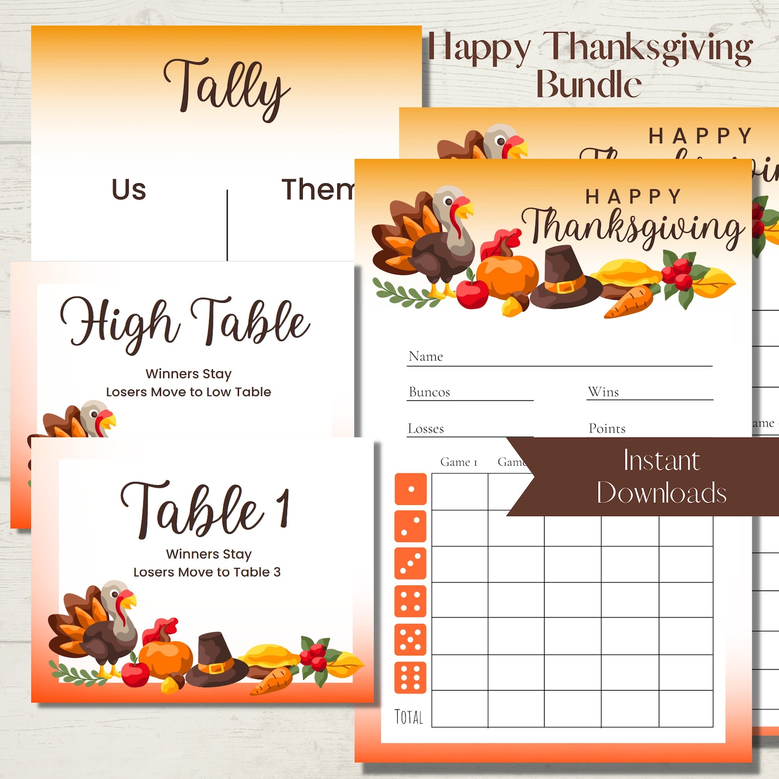 Happy Thanksgiving Turkey Printable Bunco Score Sheet Bundle - Score ...