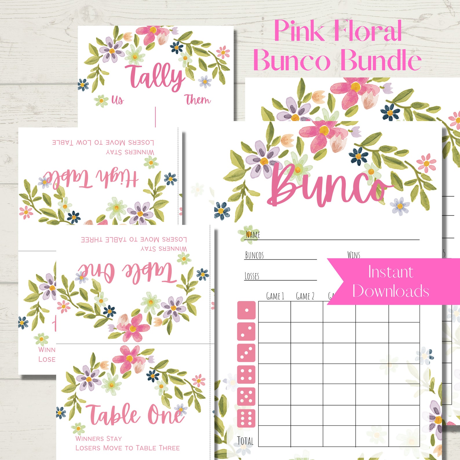 Pink Floral Printable Bunco Score Sheet Bundle - Score Cards, Tally ...