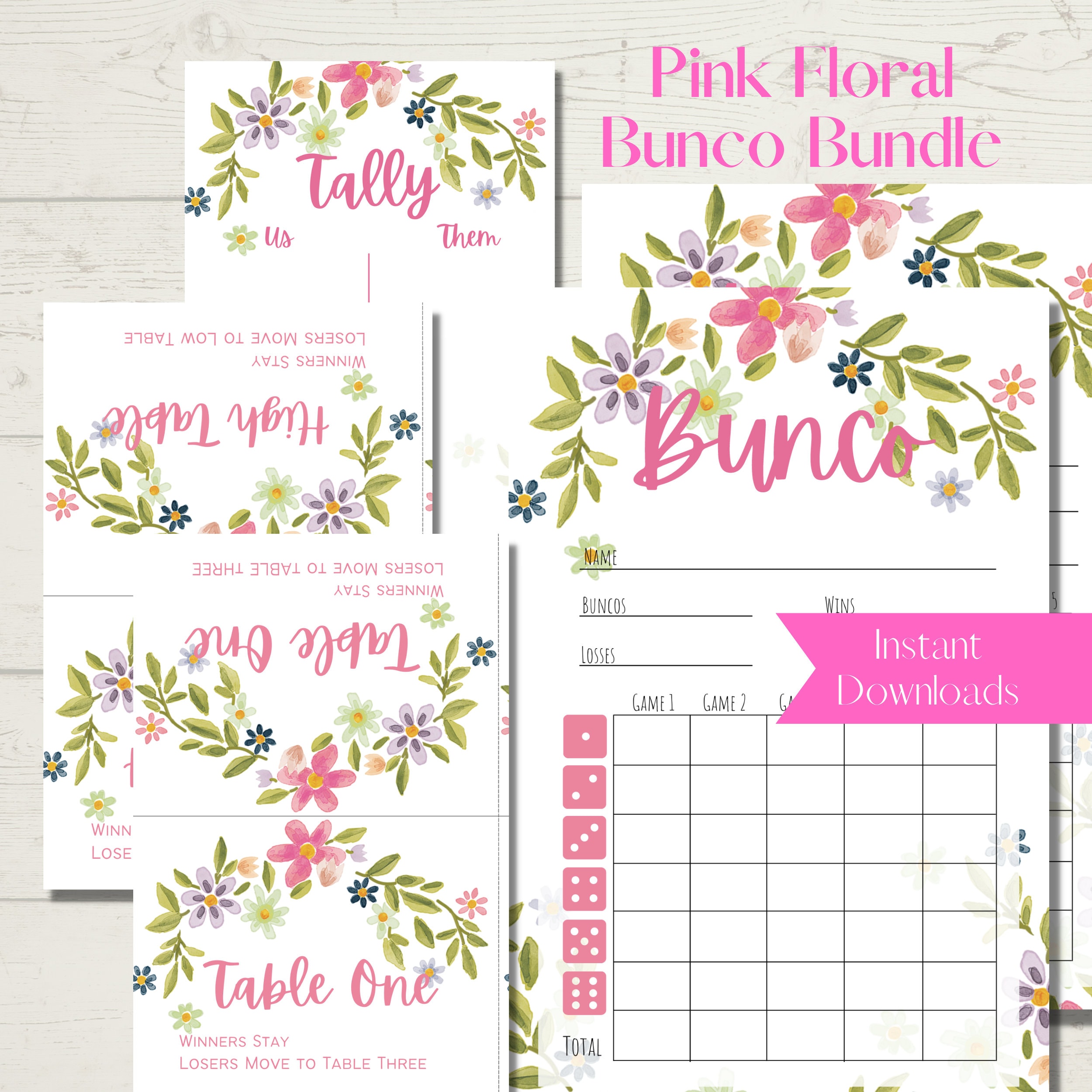 Pink Floral Printable Bunco Score Sheet Bundle - Score Cards, Tally ...
