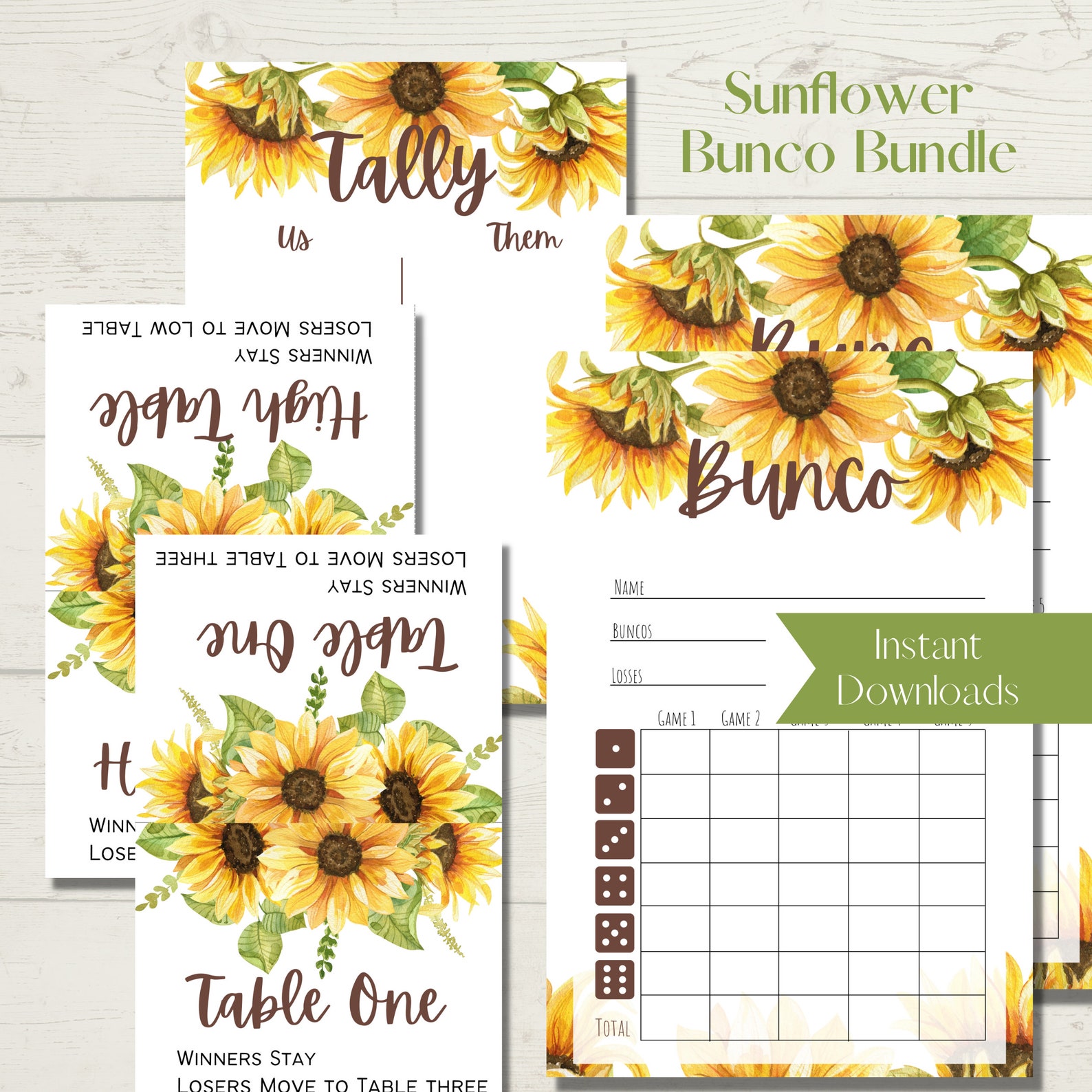 Sunflower Printable Bunco Score Sheet Bundle - Score Cards, Tally ...