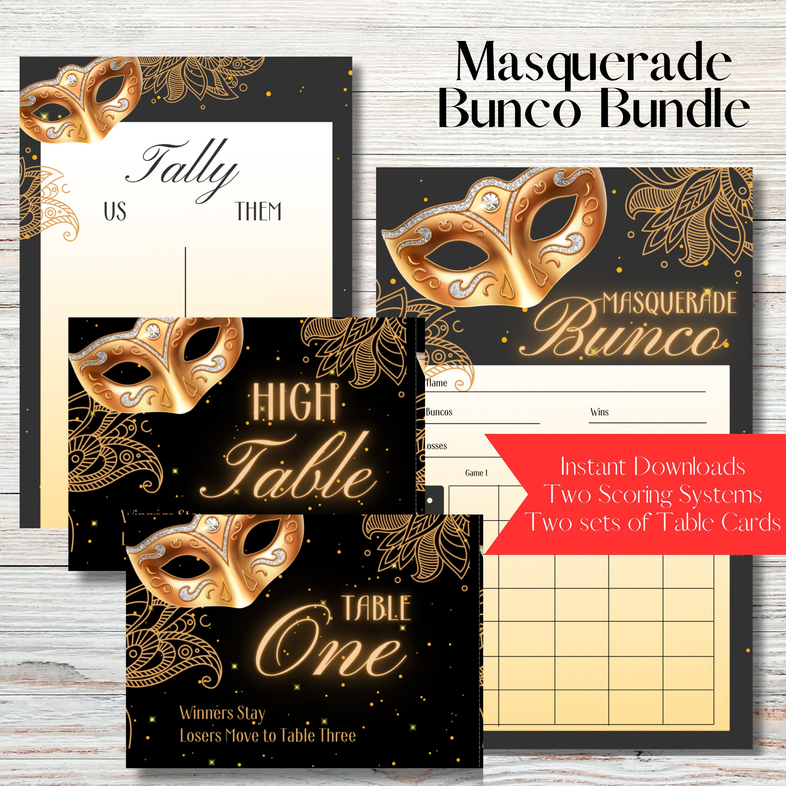 Masquerade Ball Printable Bunco Score Sheet Bundle - Score Cards, Tally ...