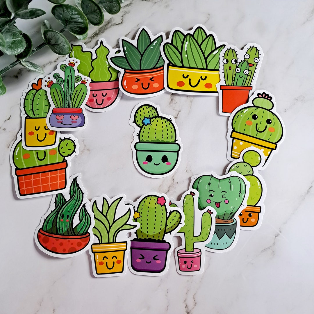 Cartoon Cactus Stickers Pack of 6 Large Waterproof Vinyl Plant Stickers ...