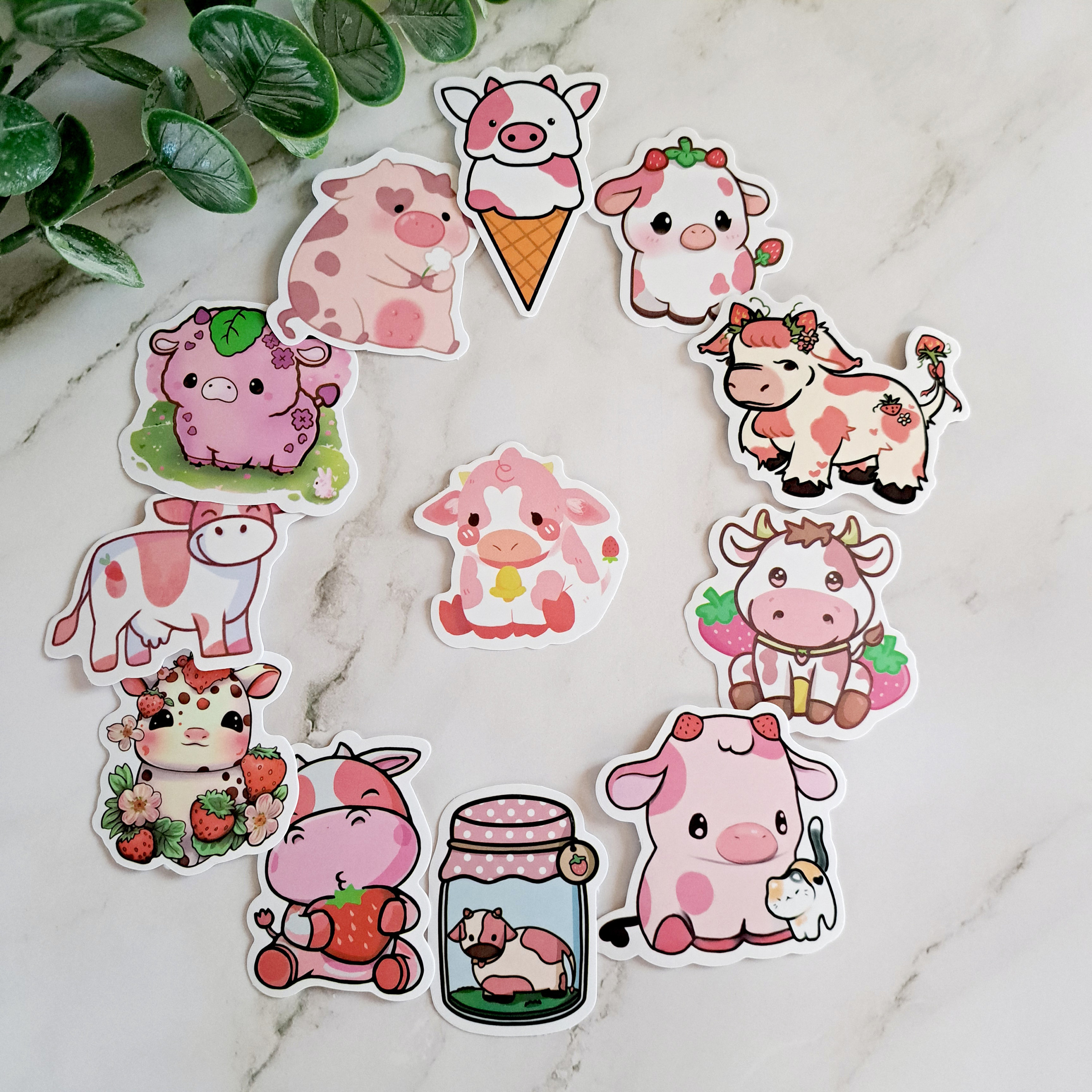 Cute Strawberry Cow Sticker Pack| Pack of 5| Phone Case| Notebook ...