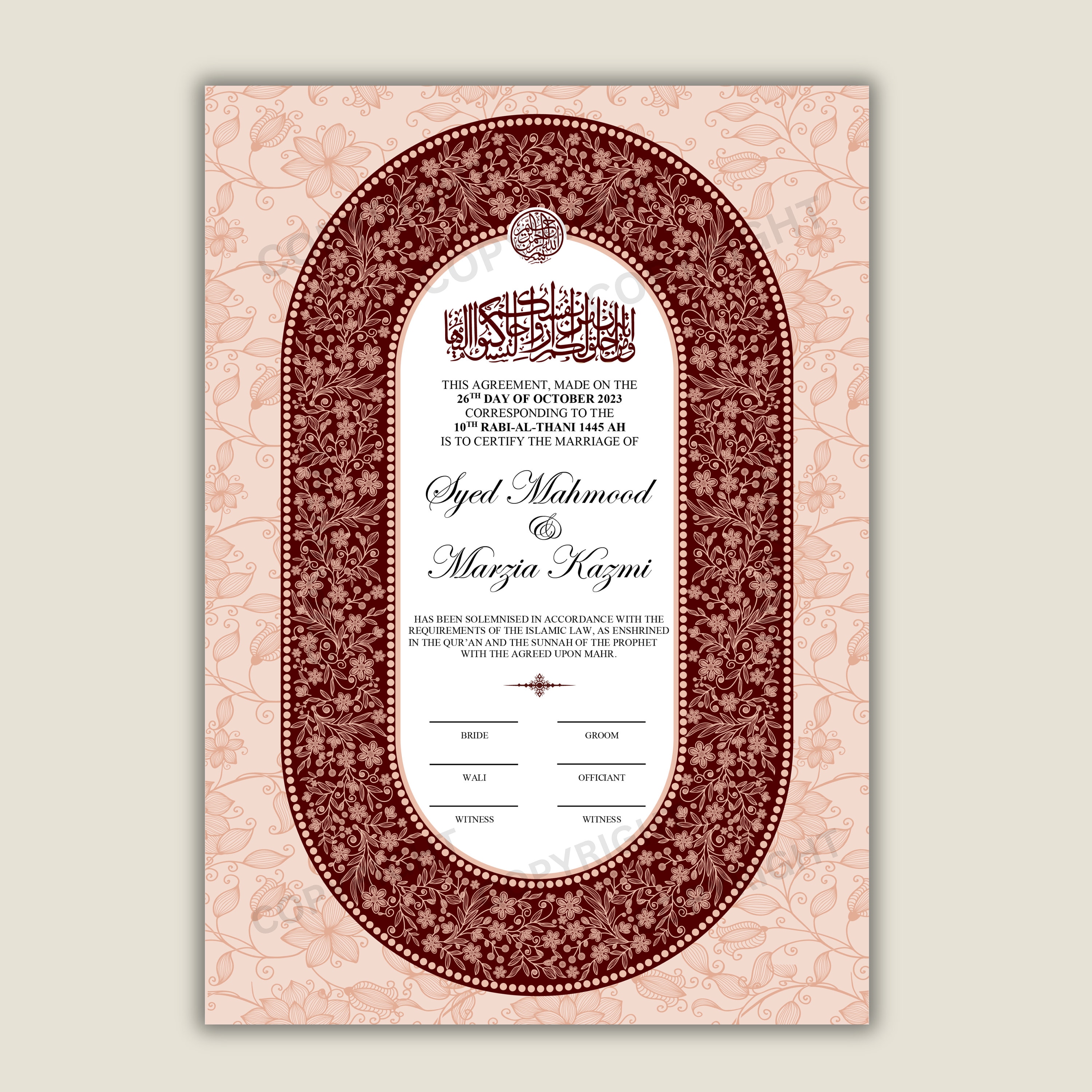 Digital Nikkah Certificate Nikah Nama PDF Only Oval Red Pink Digital ...