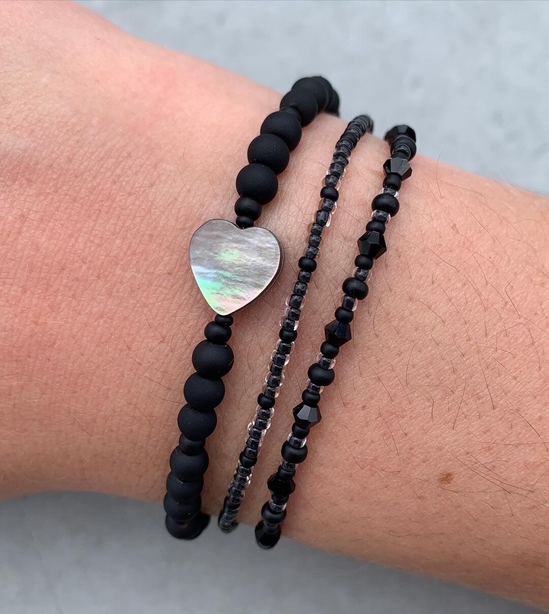 Black Neutral Bracelet Stack Heart Shell and Glass Beaded Set Gift for ...
