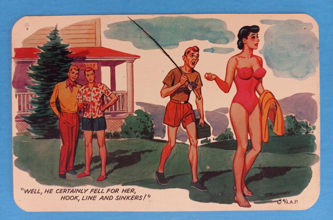 Original Vintage 1950s Risque Sexy Funny Cheeky Comic Postcard Unused ~ "he Fell Hook Line ...