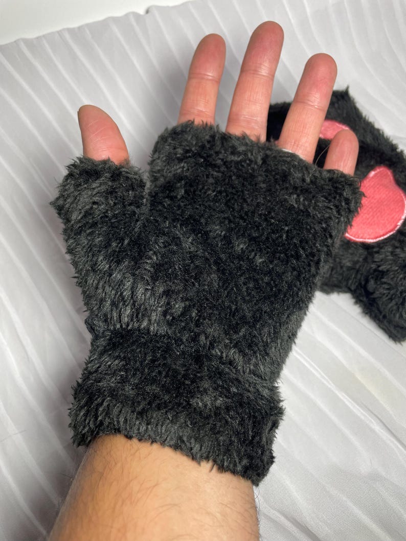 Bear Paw Cute Fingerless Fluffy Gloves - Black and Pink - Etsy