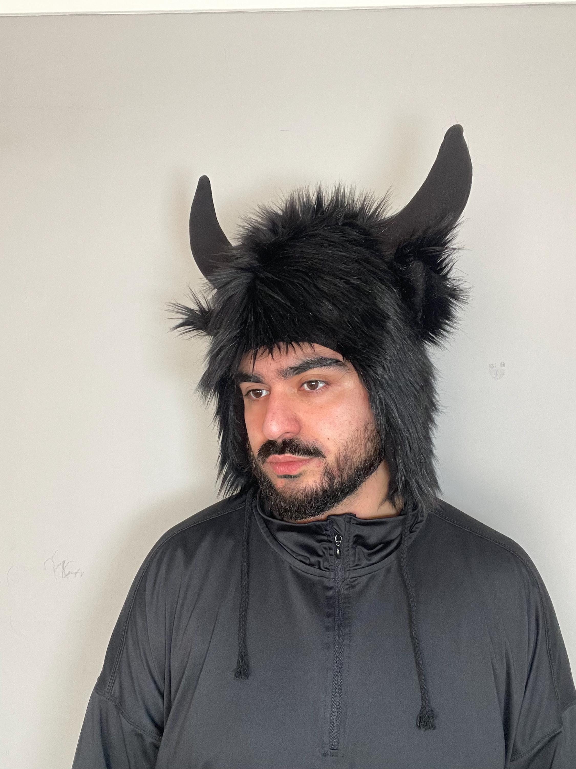 Black Furry Viking Inspired Horns Hat – Faux Fur Winter Costume Hat ...