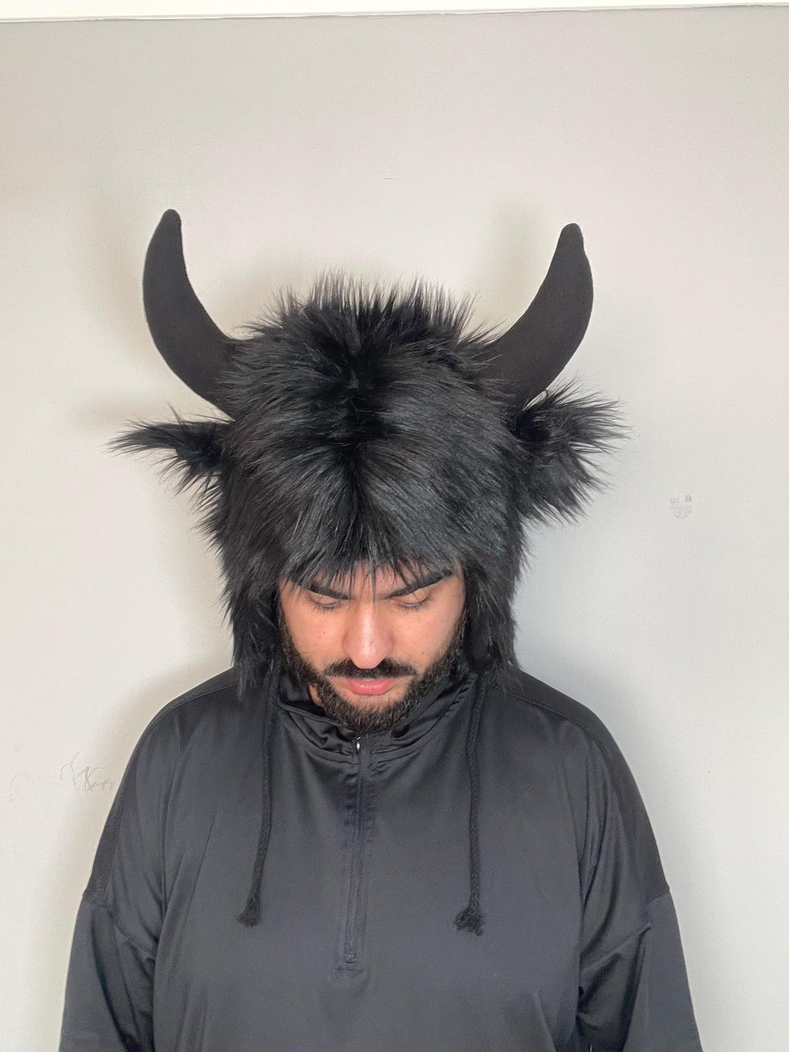 Black Furry Viking Inspired Horns Hat – Faux Fur Winter Costume Hat ...