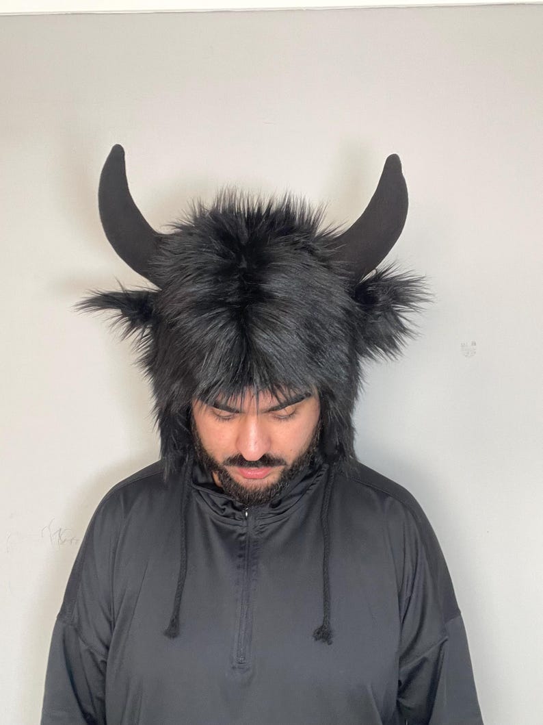 Black Furry Viking Inspired Horns Hat – Faux Fur Winter Costume Hat ...