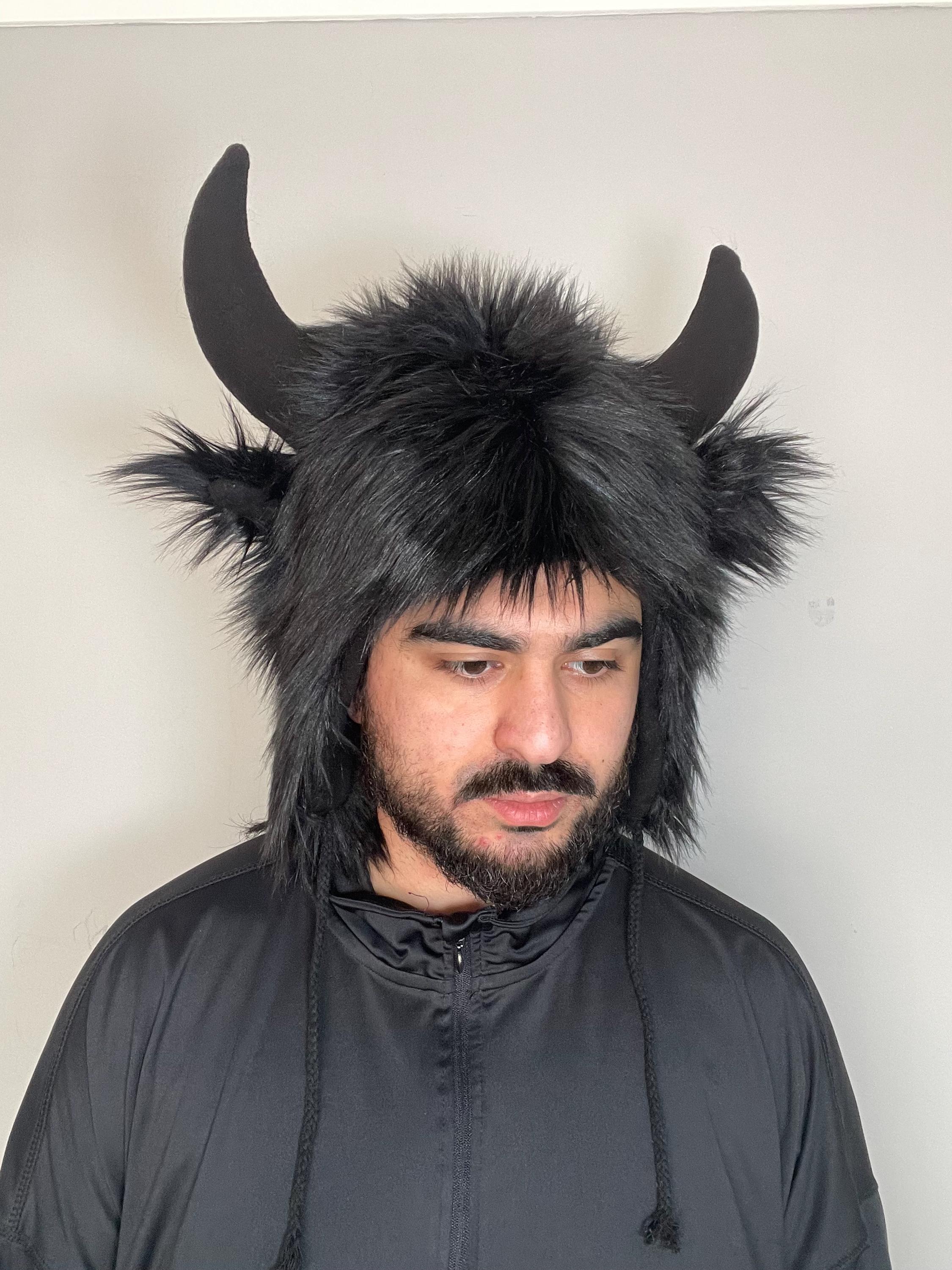 Black Furry Viking Inspired Horns Hat – Faux Fur Winter Costume Hat ...