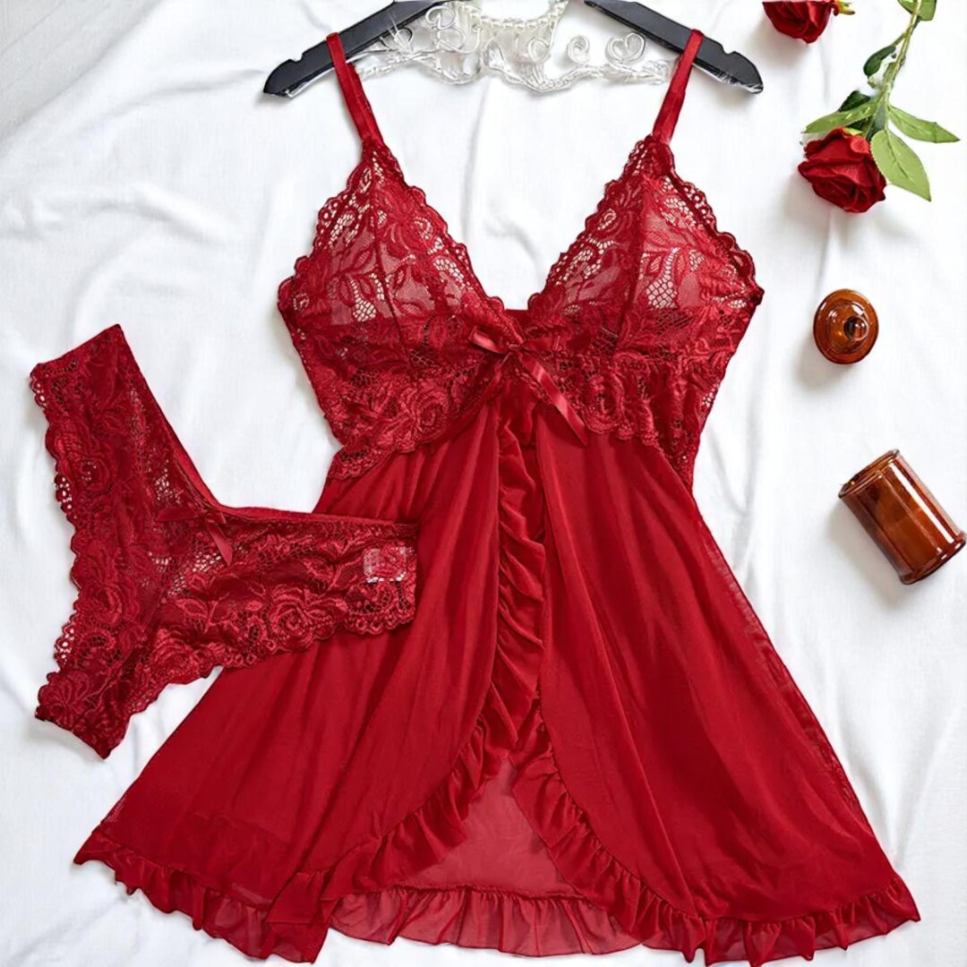 Lingerie Set - Women's Deep V Neck Mesh Nightdress - Backless ...