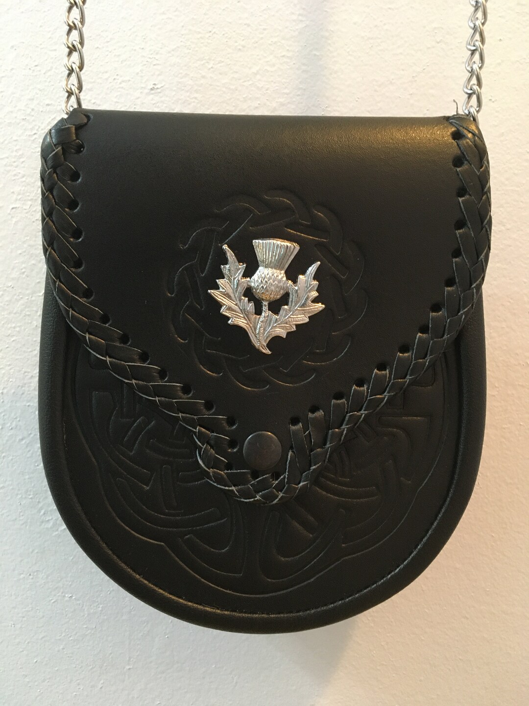 Scottish Black Celtic Embossed Leather Purse With Chrome Thistle - Etsy