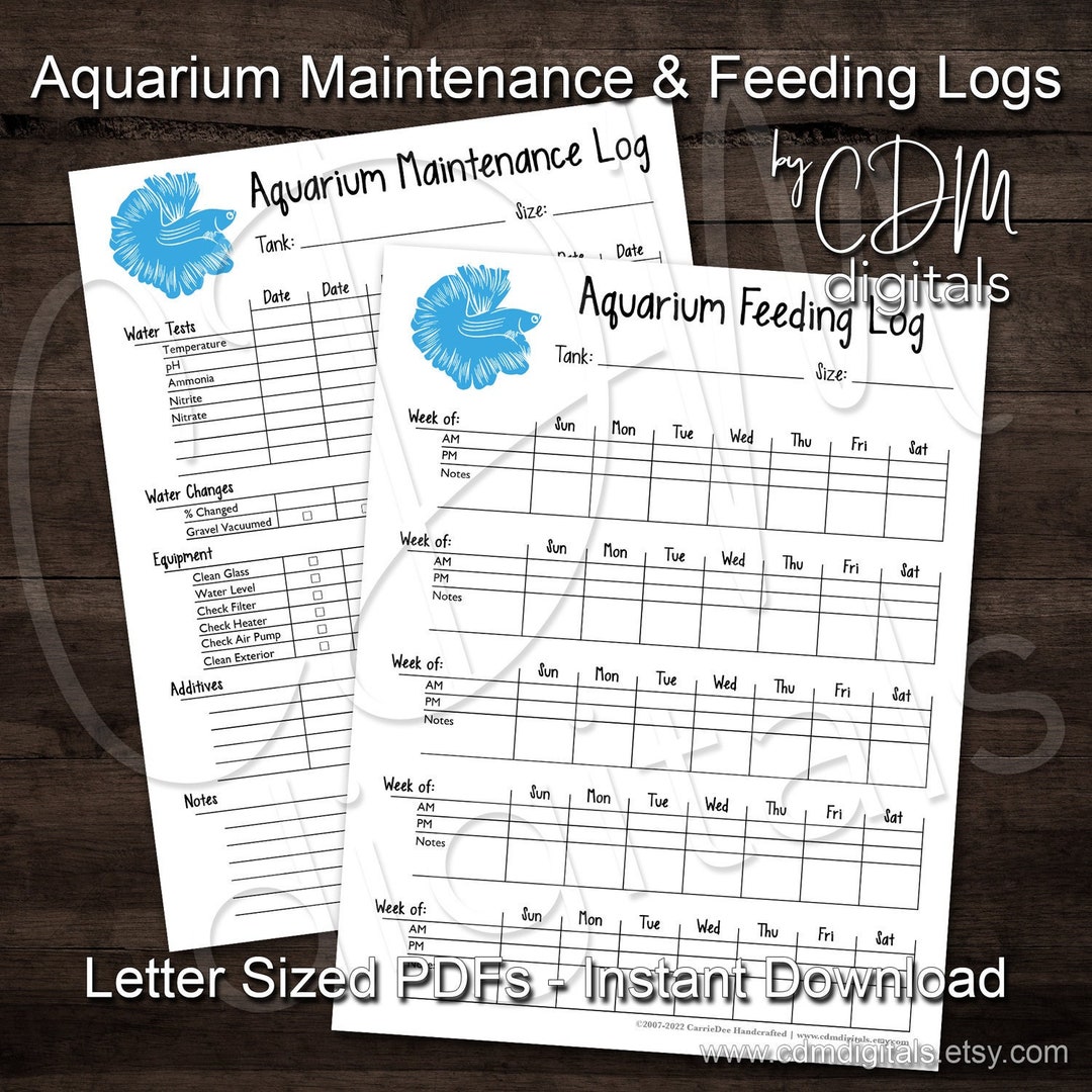 PRINTABLE Aquarium Maintenance & Feeding Log Sheets, Fish Tank Journal ...
