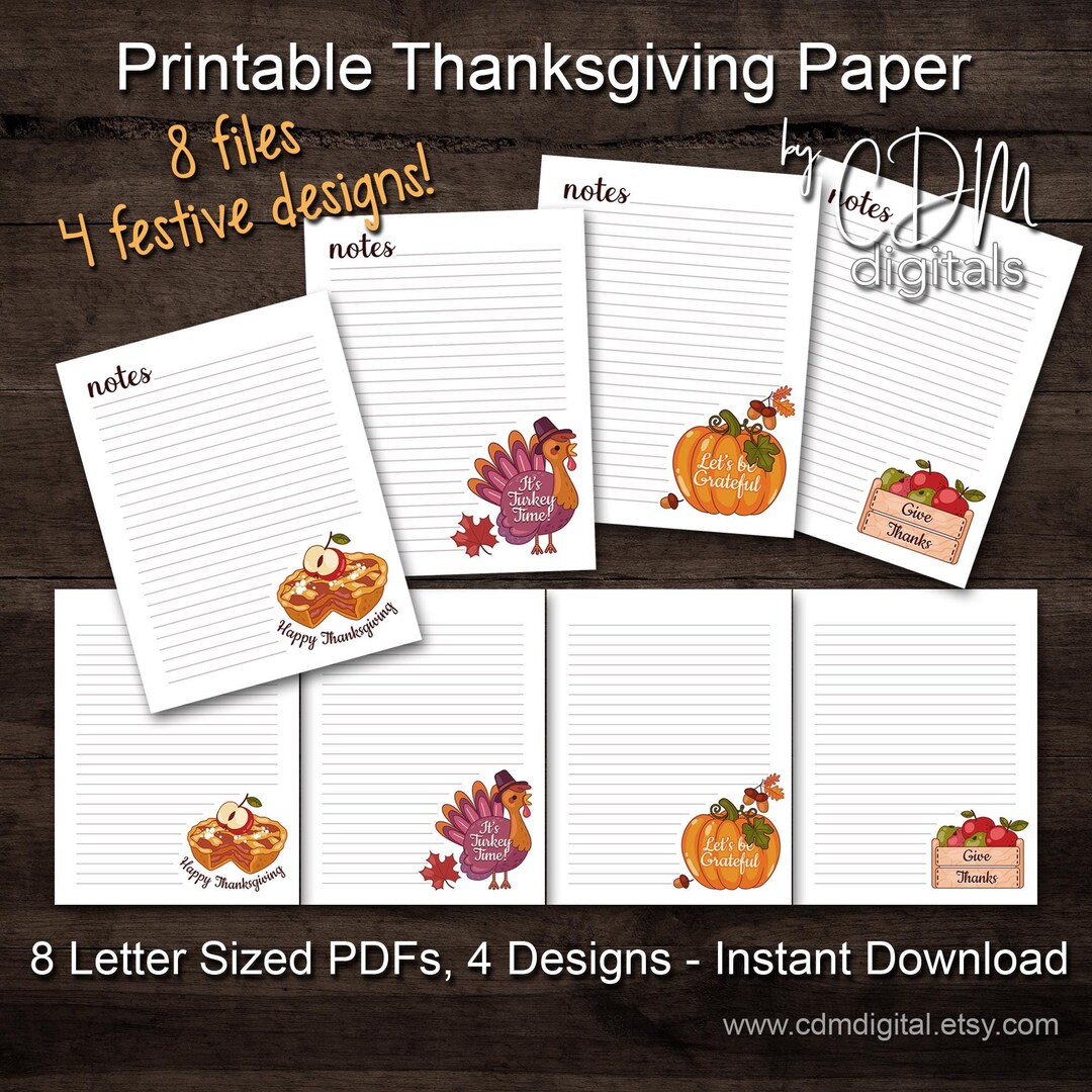 PRINTABLE THANKSGIVING Lined Paper Pdfs - Set of 8 Letter Size Pages ...