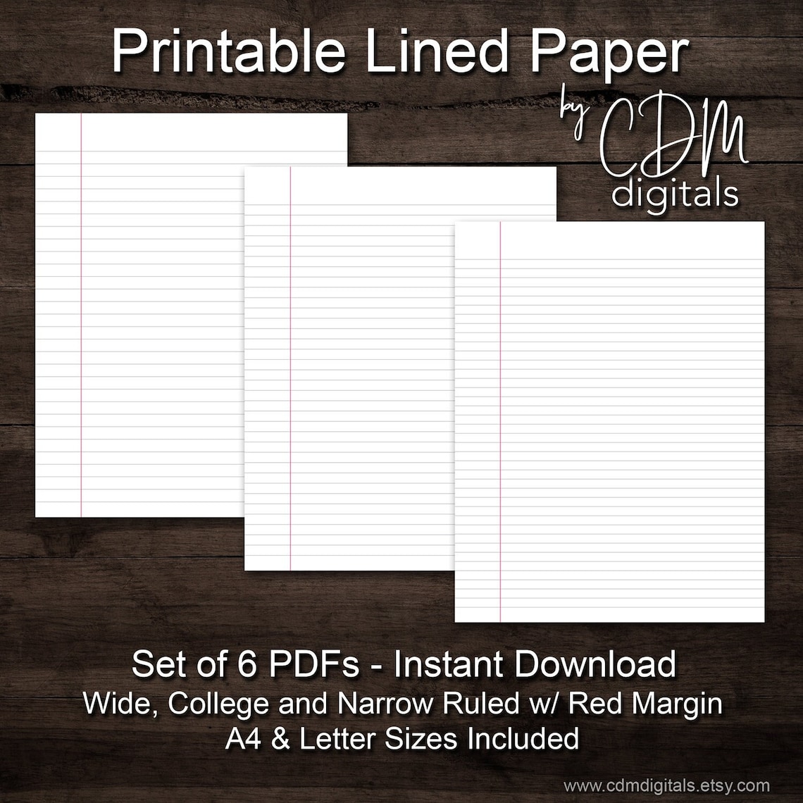 PRINTABLE Set of 6 Gray Lined Paper W Margin - A4 & Letter Size - Grey ...