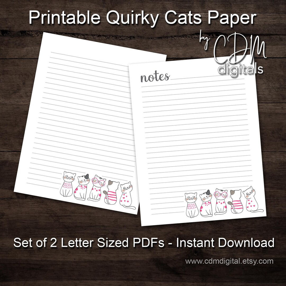 PRINTABLE Quirky Cats Lined Stationary Sheets - Set of 2 Letter Size ...