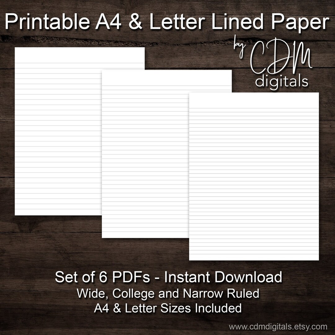 PRINTABLE Set of 6 Lined Paper - A4 & Letter Size Pages - Wide, College ...
