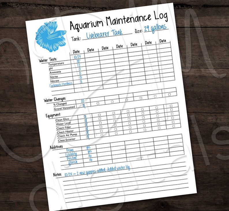 PRINTABLE Aquarium Maintenance Log Sheet, Fish Tank Journal, Letter ...