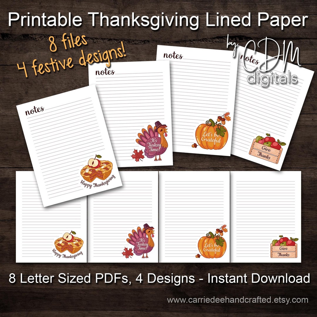 PRINTABLE THANKSGIVING Lined Paper Pdfs Set of 8 Letter Size Pages Cute ...