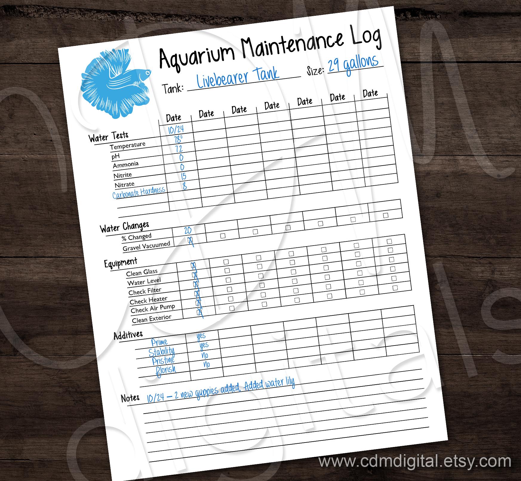 PRINTABLE Aquarium Maintenance Log Sheet, Fish Tank Journal, Letter ...