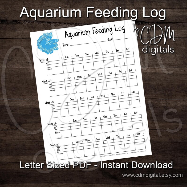 PRINTABLE Aquarium Feeding Log Sheet, Fish Tank Journal - Letter Sized ...