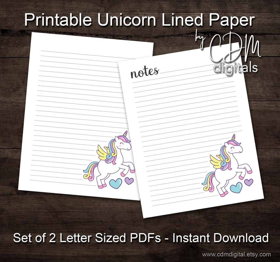 PRINTABLE Unicorn Lined Paper Pdfs - Set of 2 Letter Size Pages - Cute ...