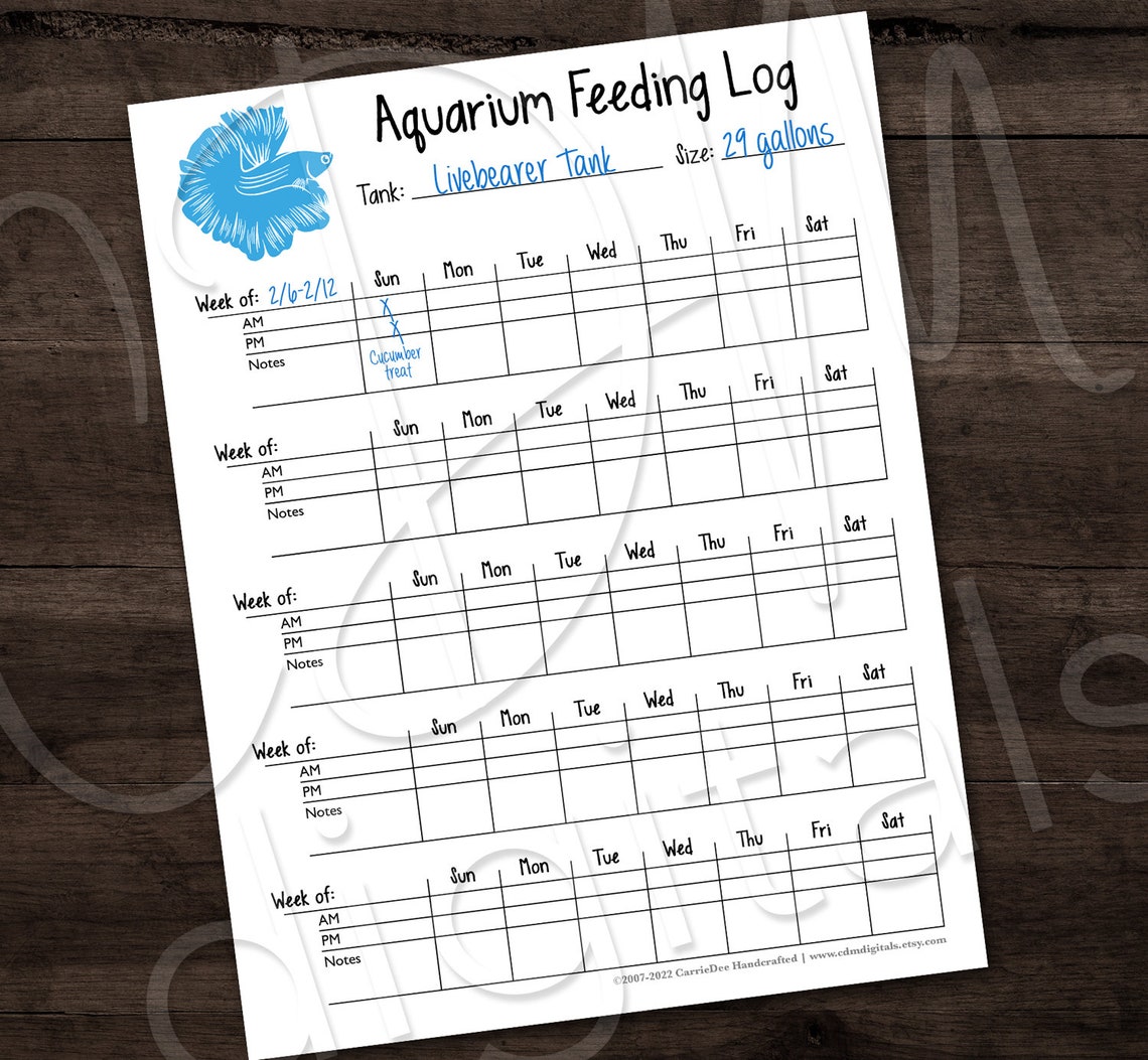 PRINTABLE Aquarium Maintenance & Feeding Log Sheets Fish Tank | Etsy