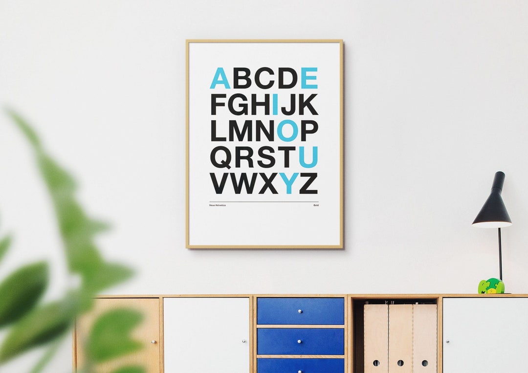 Helvetica Alphabet Wall Art, Modern Minimalist Typography Poster, Blue ...