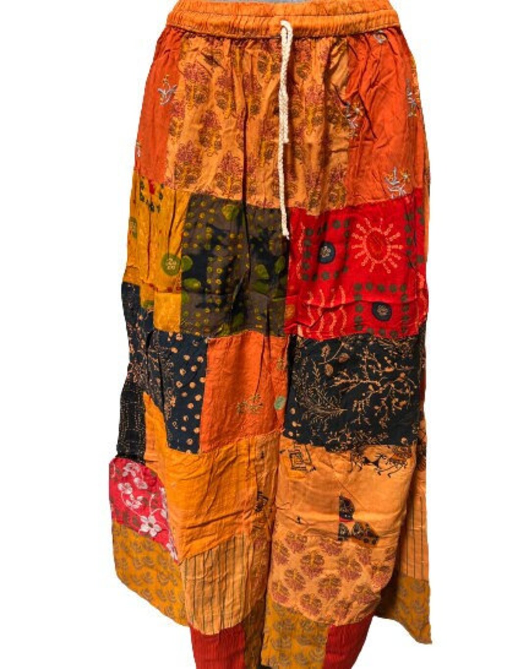 Boho Patchwork Skirt Long Gypsy Hippie Tiered in 100% Silky Rayon Maxi ...