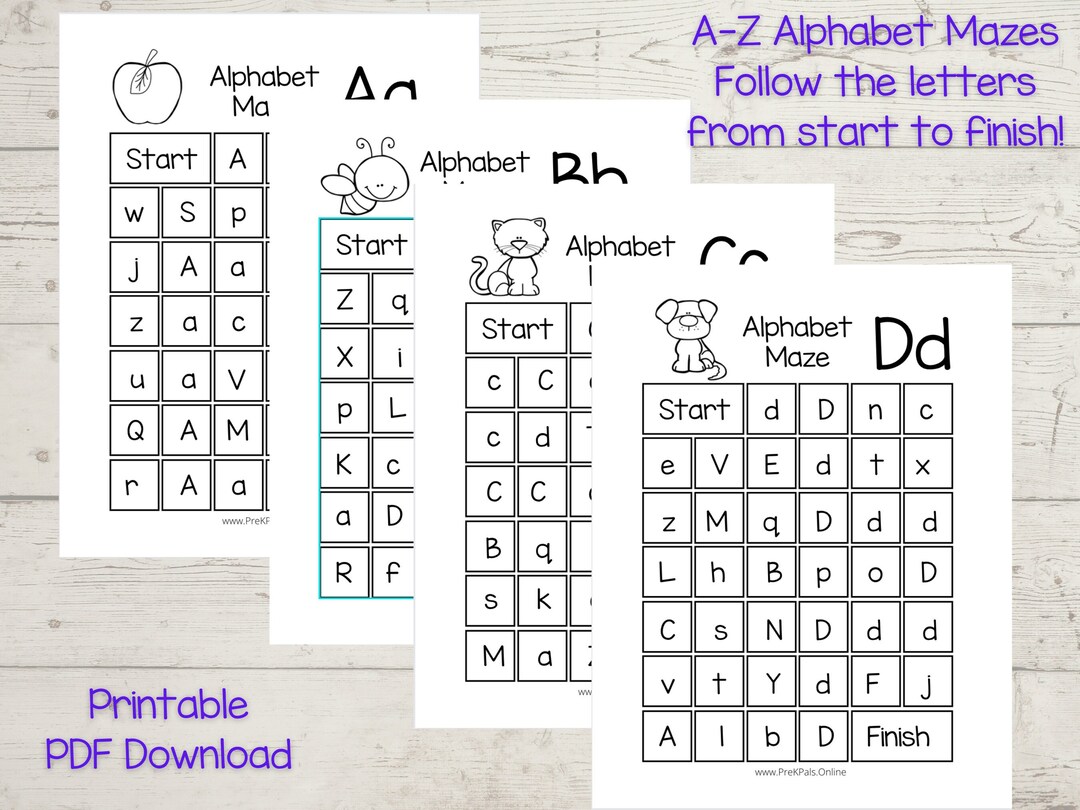 Alphabet Maze Worksheets A–Z – 26 Printable Letter Recognition Mazes ...