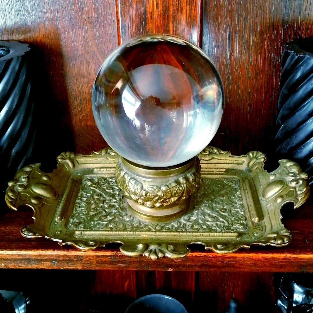 Ornithomancy Crystal Ball. Glass Scrying Orb on Vintage Brass Bird ...