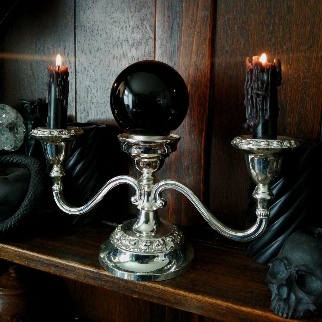 Coven - Crystal Ball. Obsidian, Scrying Orb & Vintage Stand. Candelabra ...