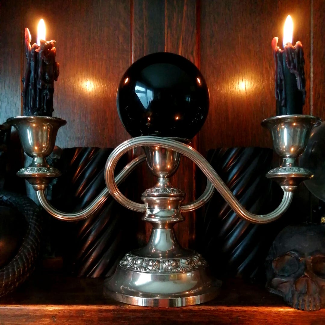 Ritual Crystal Ball, Obsidian Scrying Orb on Vintage Silver Plated ...