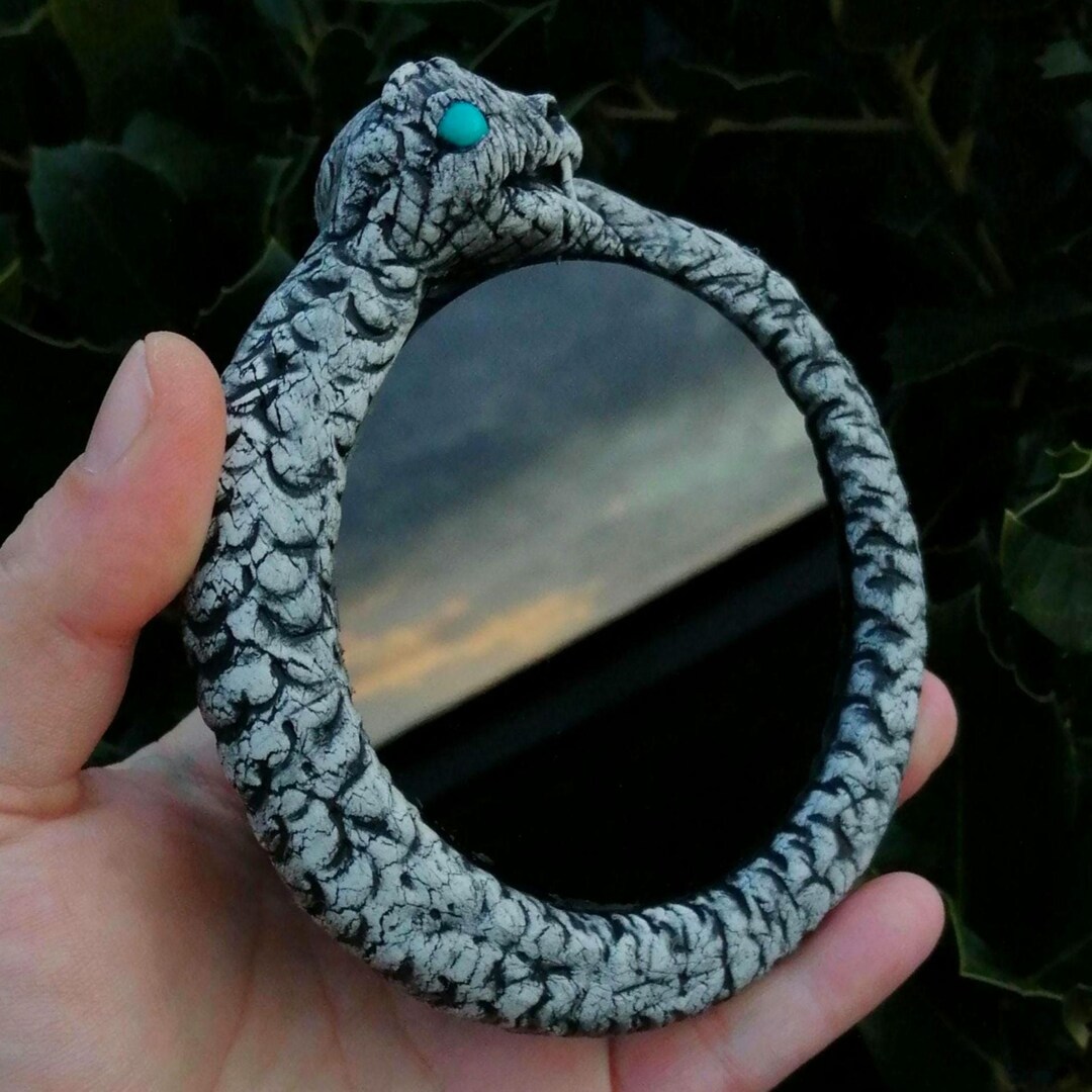Ouroboros Scrying Mirror, Obsidian Black Mirror in Serpent Clay Case ...