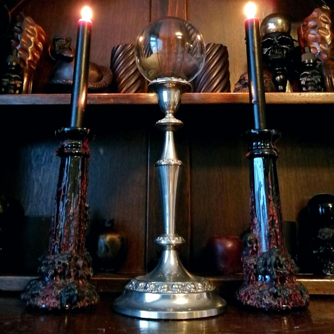 Invocation Crystal Ball, Huge Glass Scrying Orb & Silver Plate, Floral ...