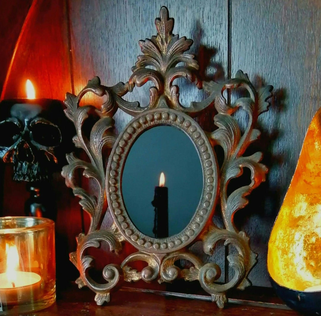 Liminal Scrying Mirror. Black Glass Mirror in Vintage Cast Brass, Art ...