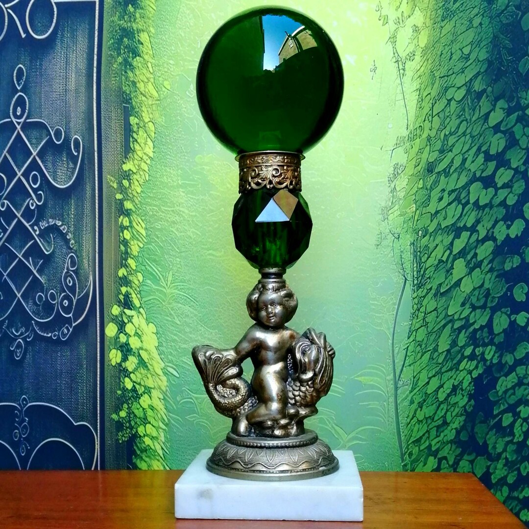 Oz - Crystal Ball. Huge, Green GLASS Modern, Scrying Orb on Vintage ...