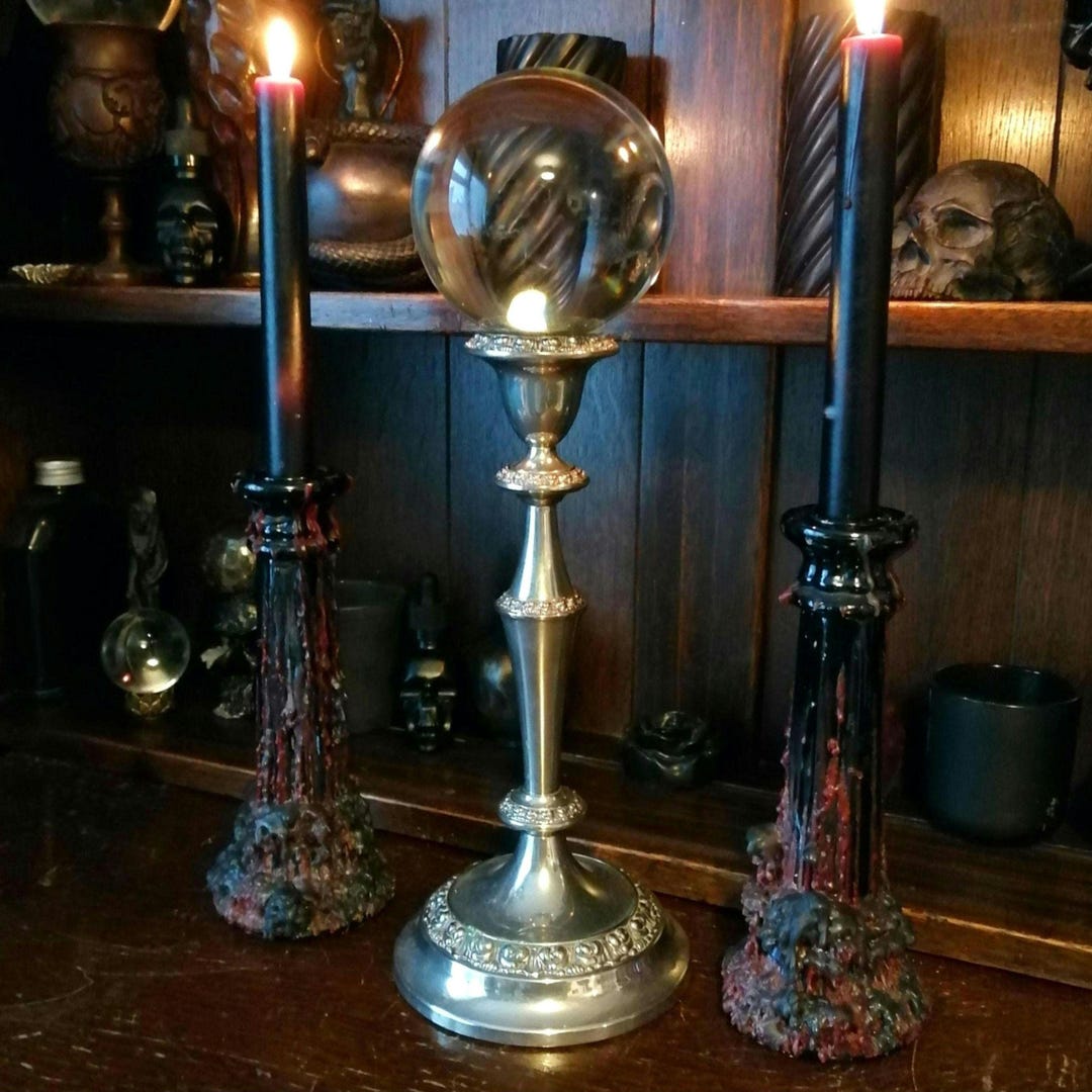 Invocation Crystal Ball, Huge Glass Scrying Orb & Silver Plate, Floral ...