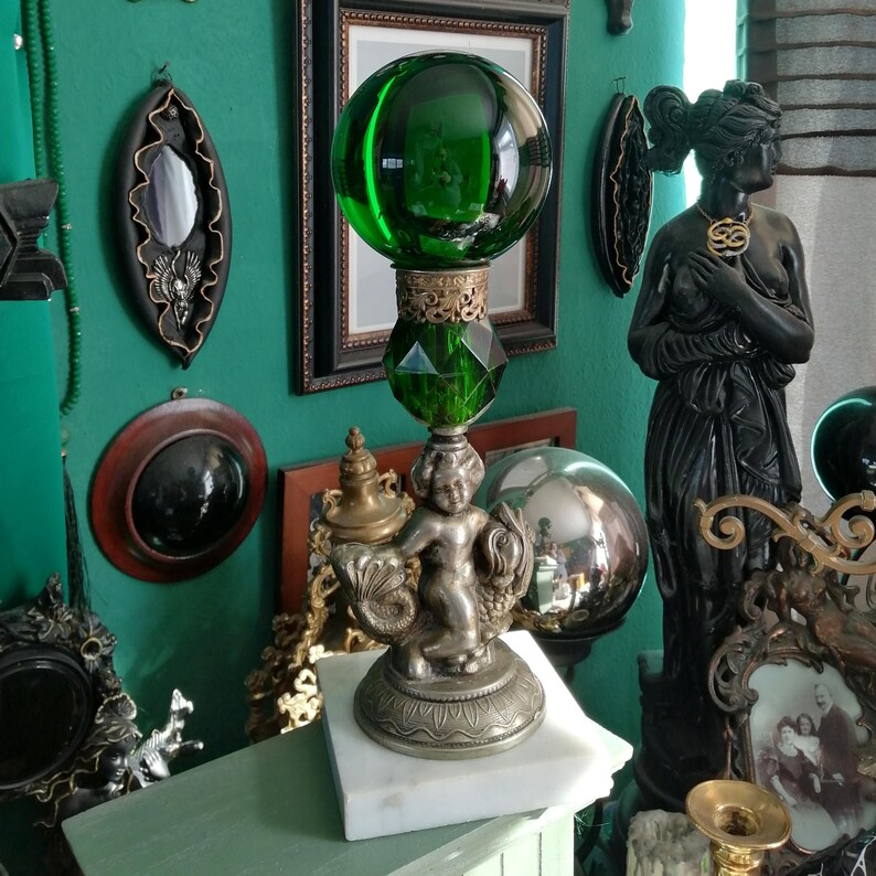 Oz - Crystal Ball. Huge, Green GLASS Modern, Scrying Orb on Vintage ...